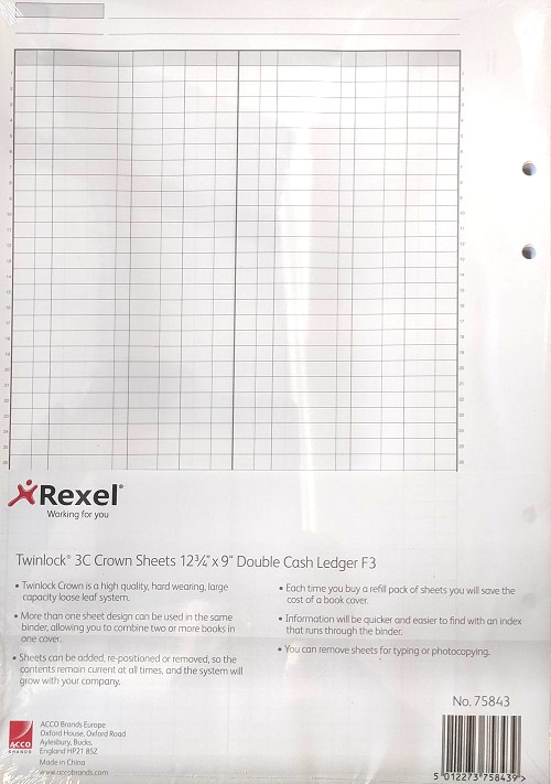 Rexel Double Cash Ledger Sheets Twinlock Crown 100 Sheets Double Ledger ...